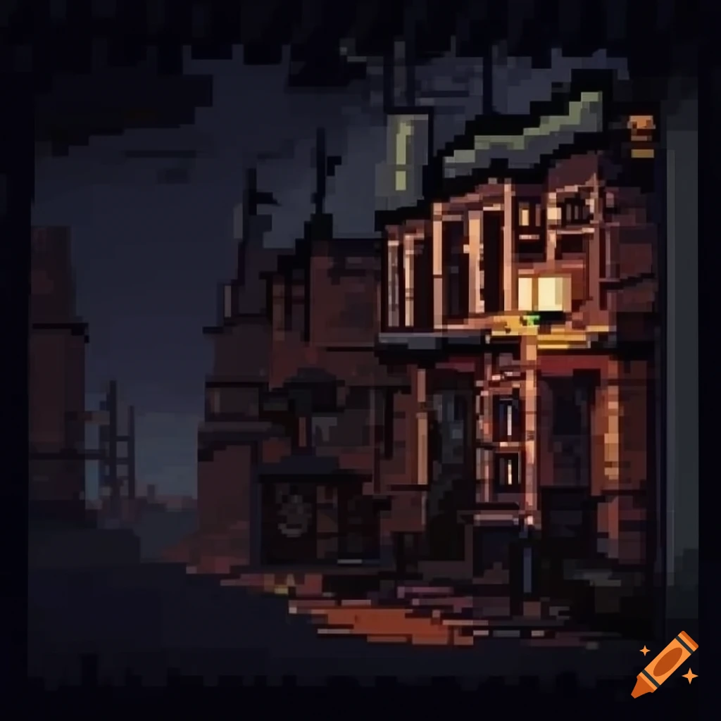 Grim dark pixel art street scene on Craiyon