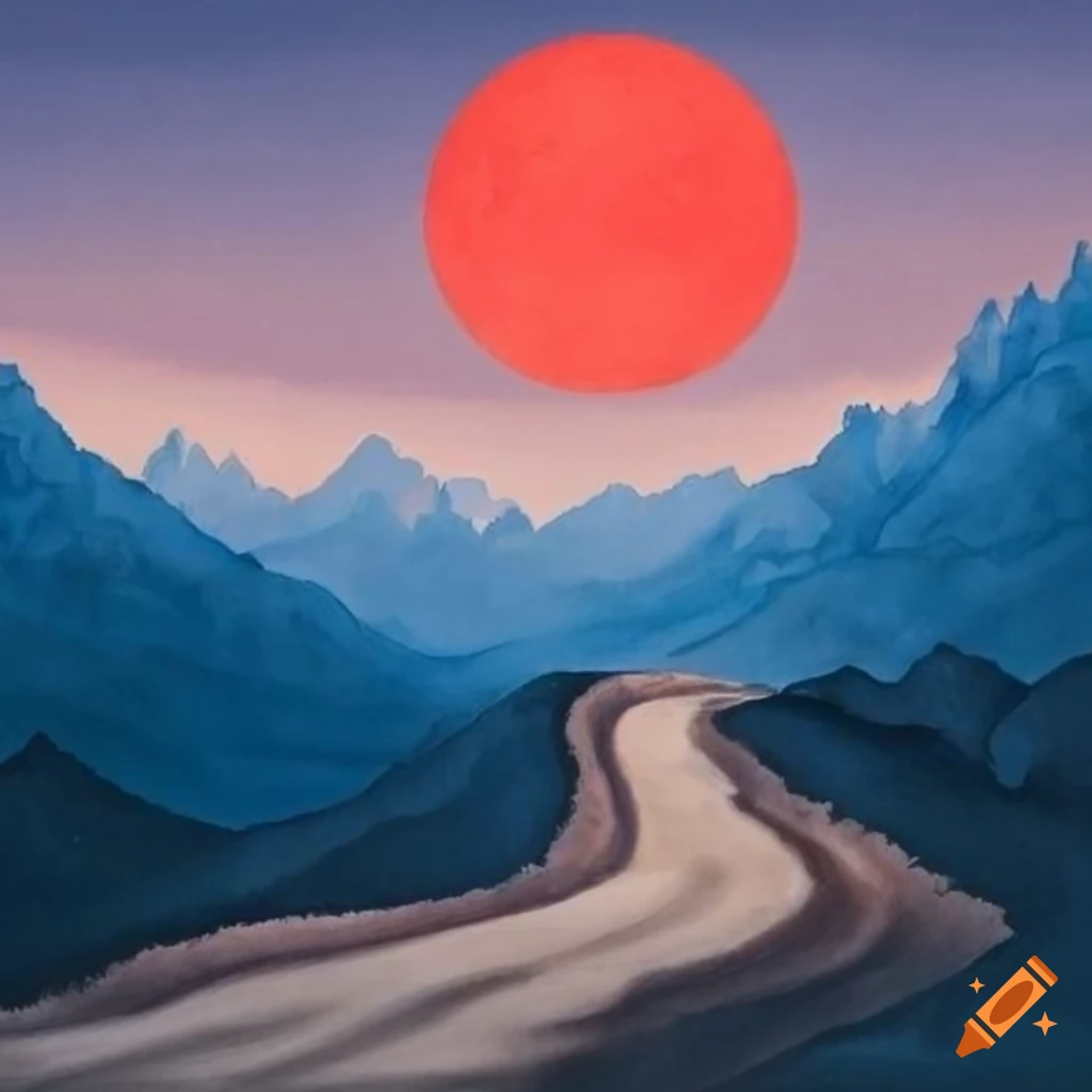 Ink painting of a road leading to mountains under a red moon on Craiyon