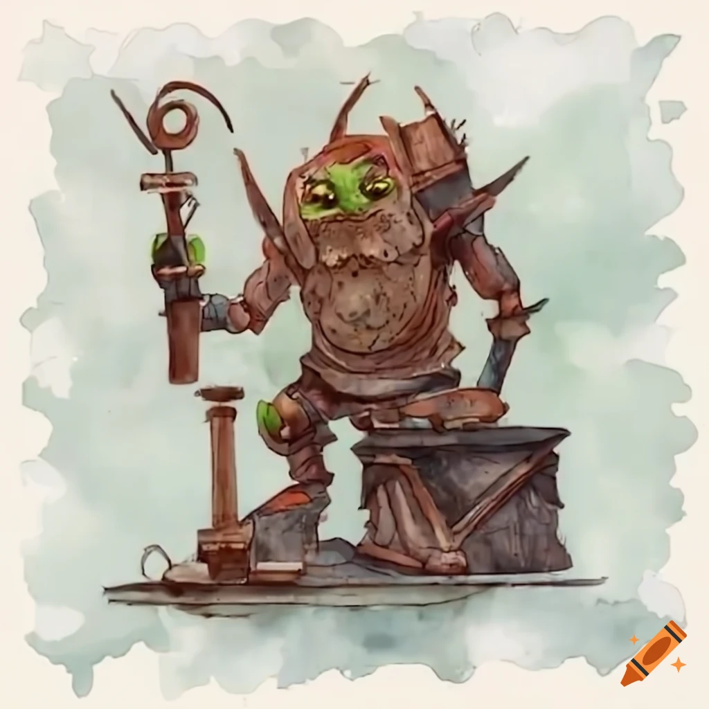 Fantasy artwork of goblin blacksmiths working on a robot on Craiyon