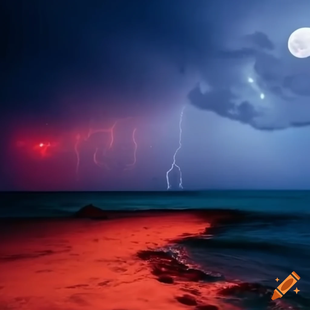 Ship at the shore under red moon and big waves