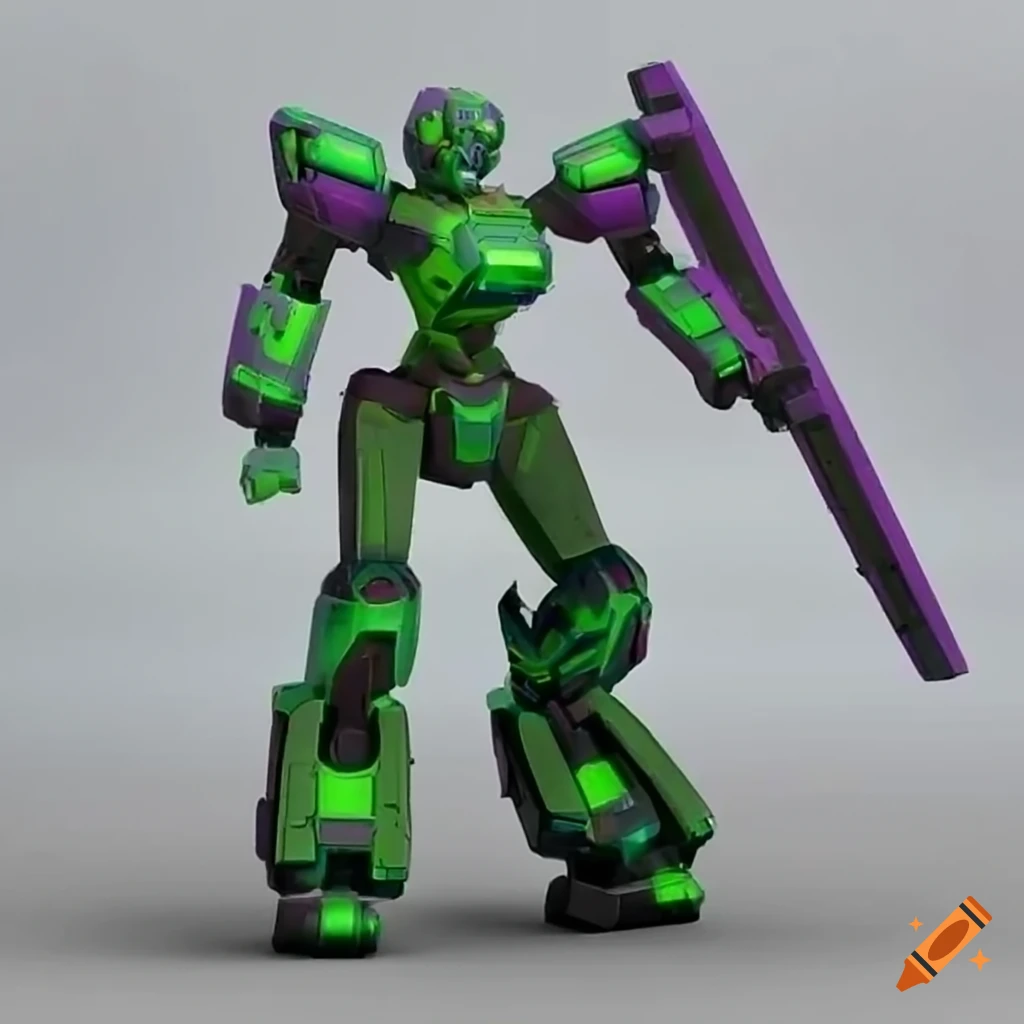 Character design of a green mecha with purple dreadlocks walking ...