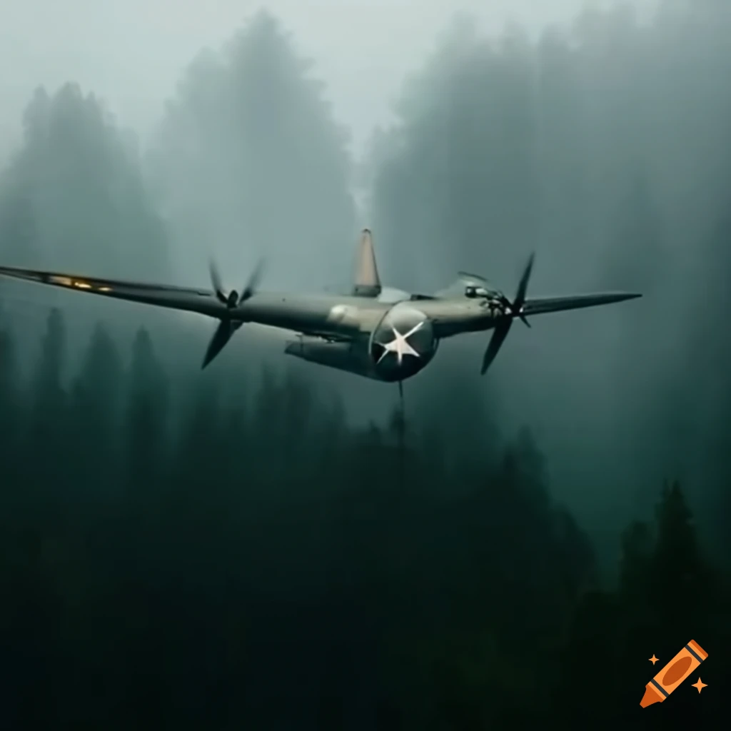 Classic shot of a b-29c bomber flying through a forest on Craiyon