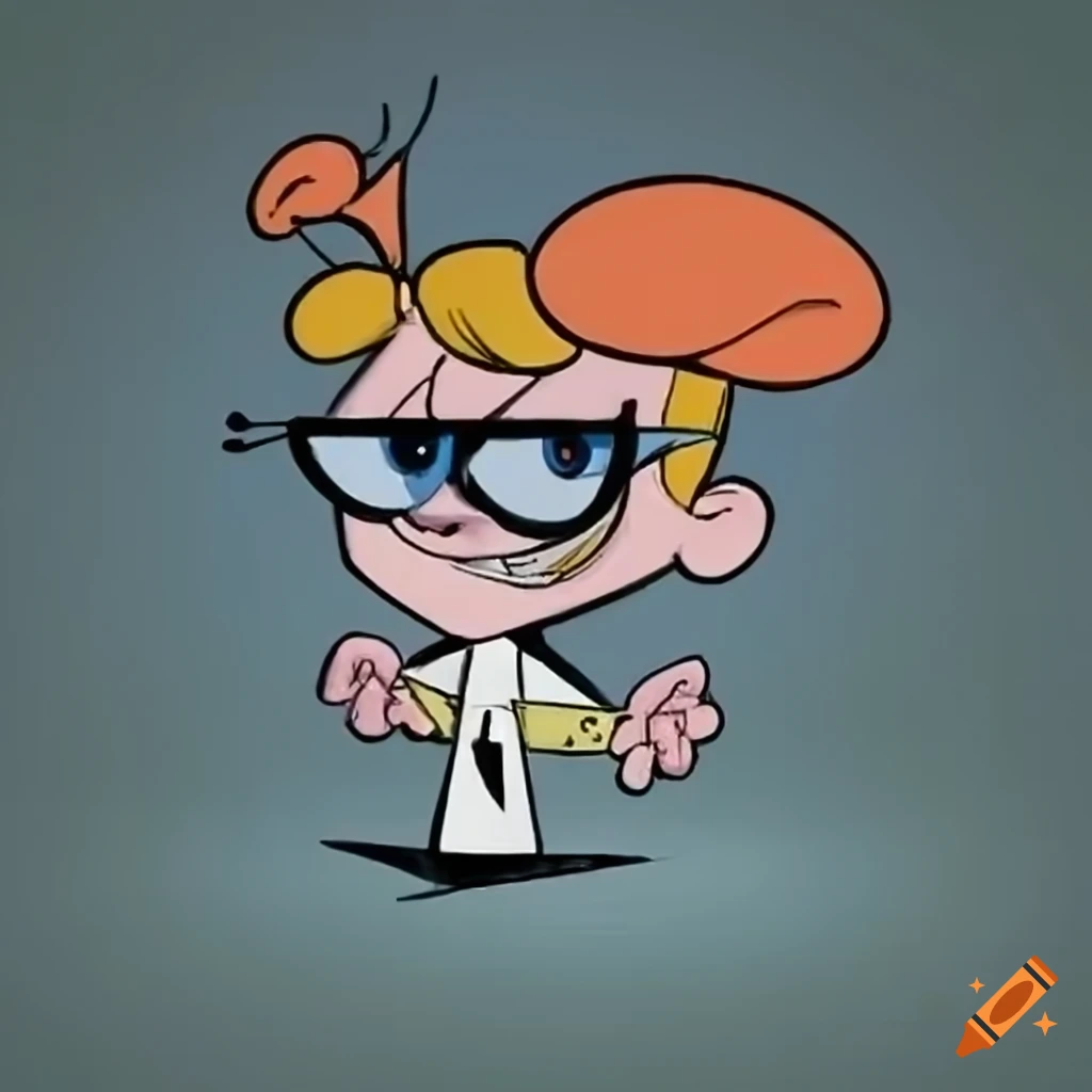 Close up of a cartoon character dexter crying in a scary scene on Craiyon