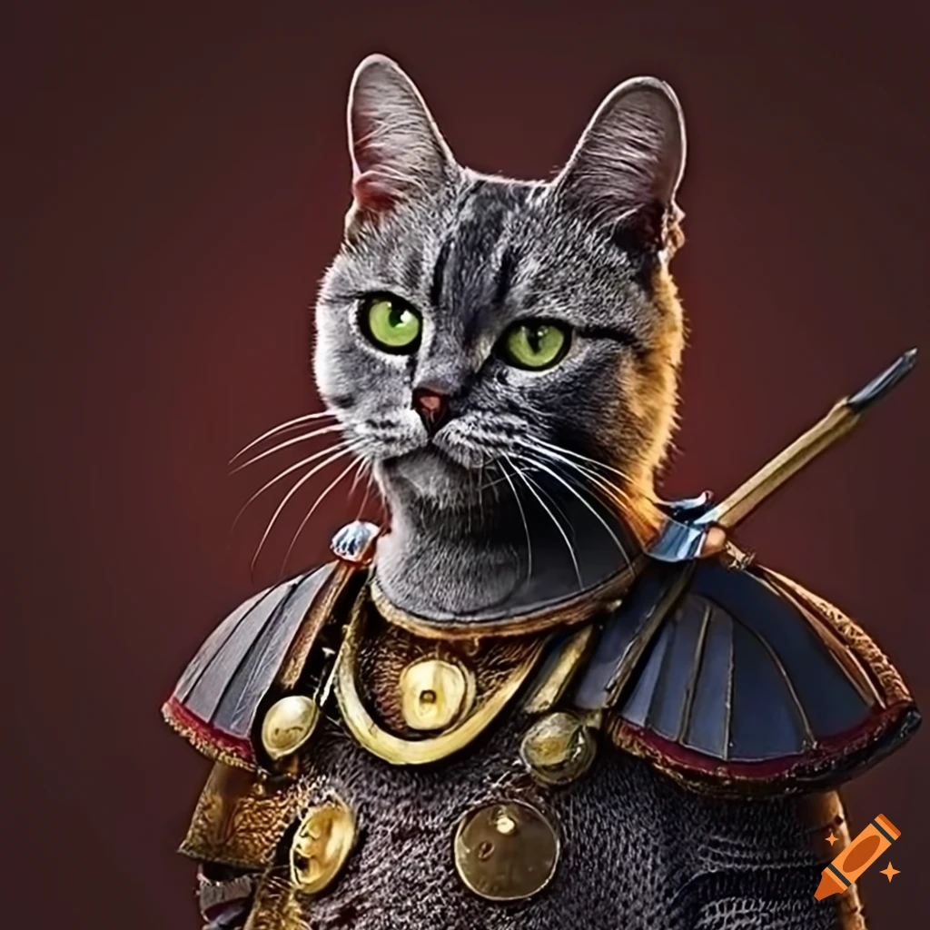 Dark grey cat wearing roman armor on Craiyon