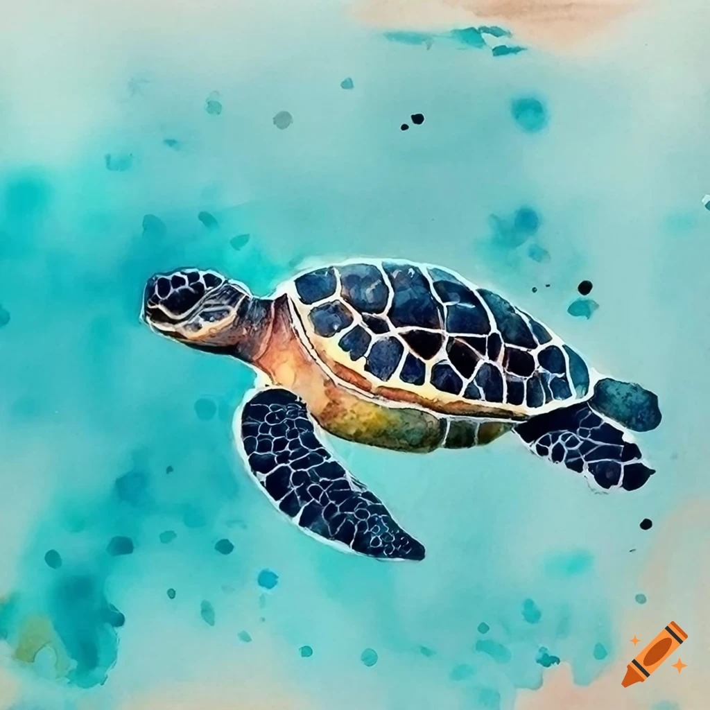 Watercolor painting of a serene sea turtle swimming in the ocean on Craiyon