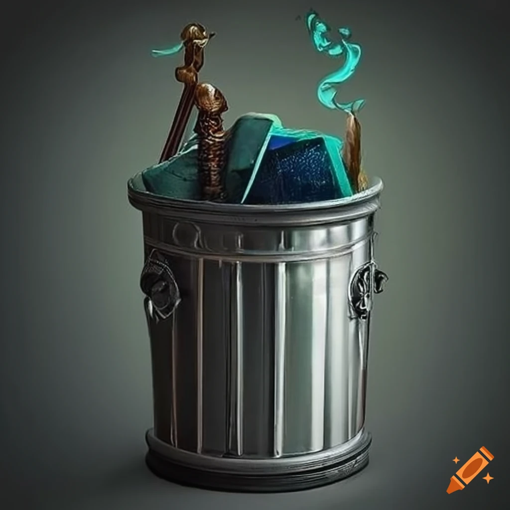 Metal trash can with magic items inside on Craiyon