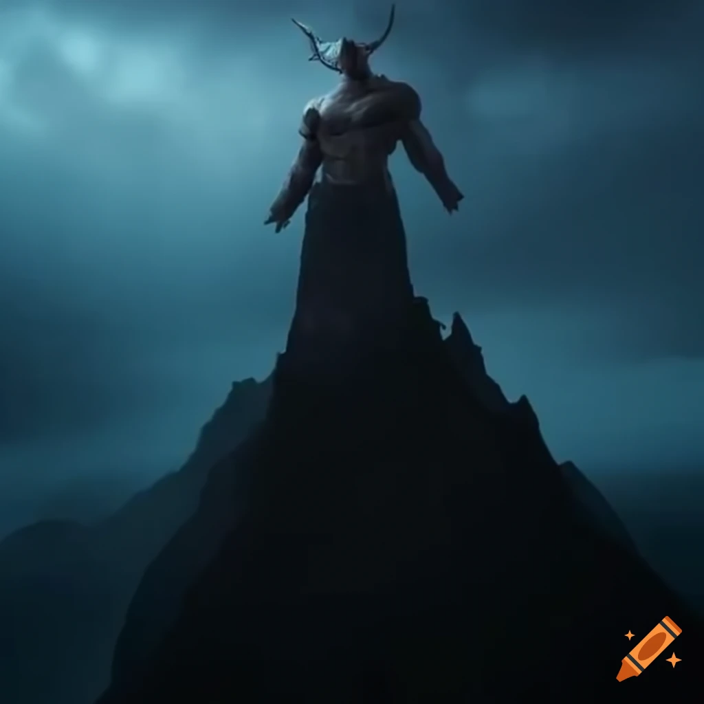 Demon standing on a mountain with lightning on Craiyon