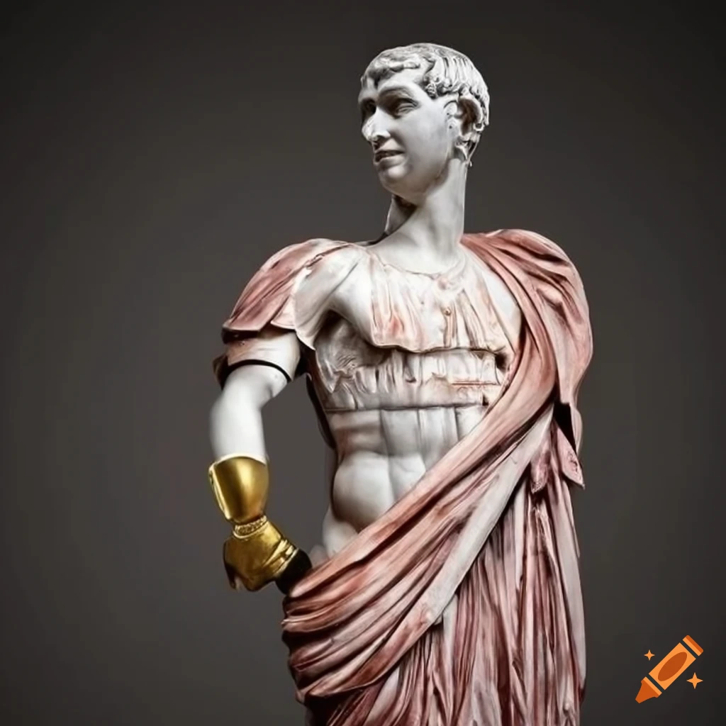 Marble statue of emperor trajan in golden armor and red robes