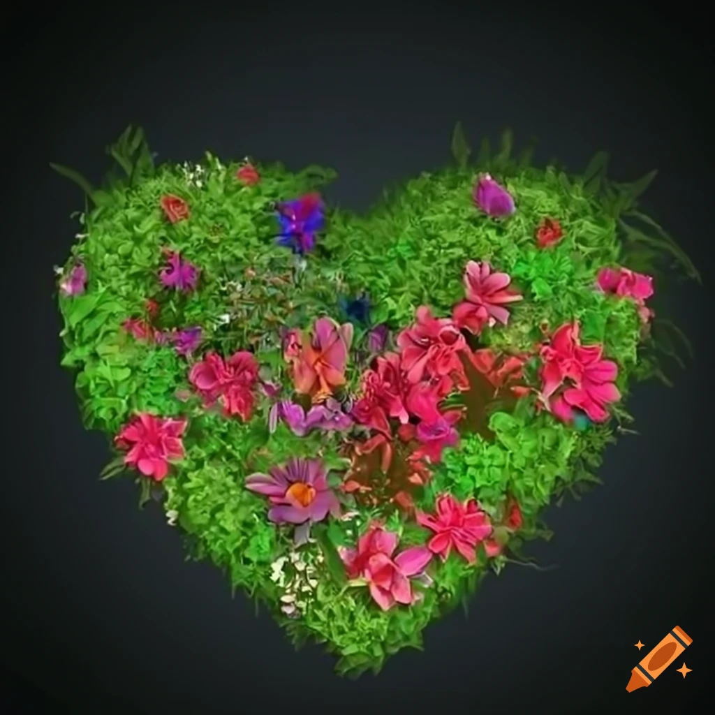 Peaceful heart shape made of flowers and plants