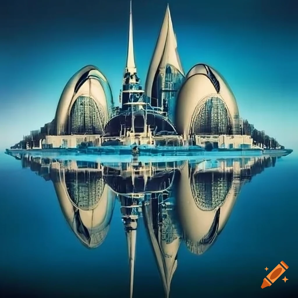 Futuristic art deco Floating City reflecting on a lake on Craiyon