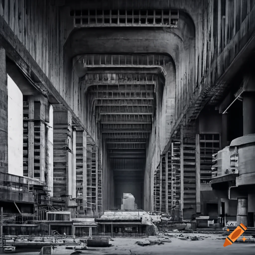 Brutalist Industrial Architecture With Pipes And Cables