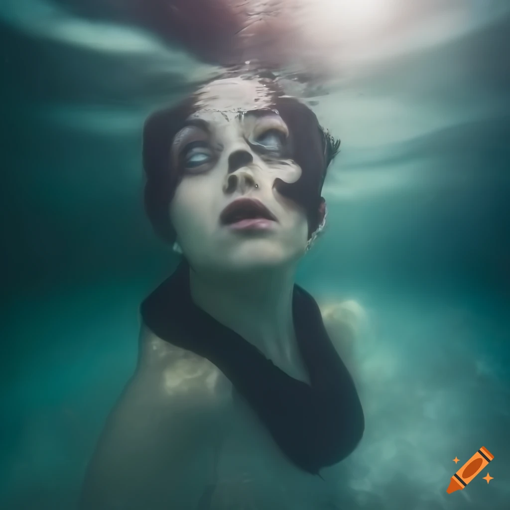 Dark underwater scene with a woman looking up