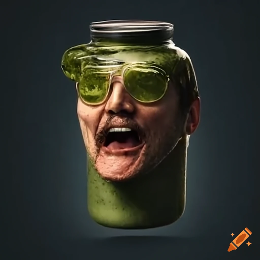 Humorous image of Pedro Pascal with a jar of Pesto as his head on Craiyon