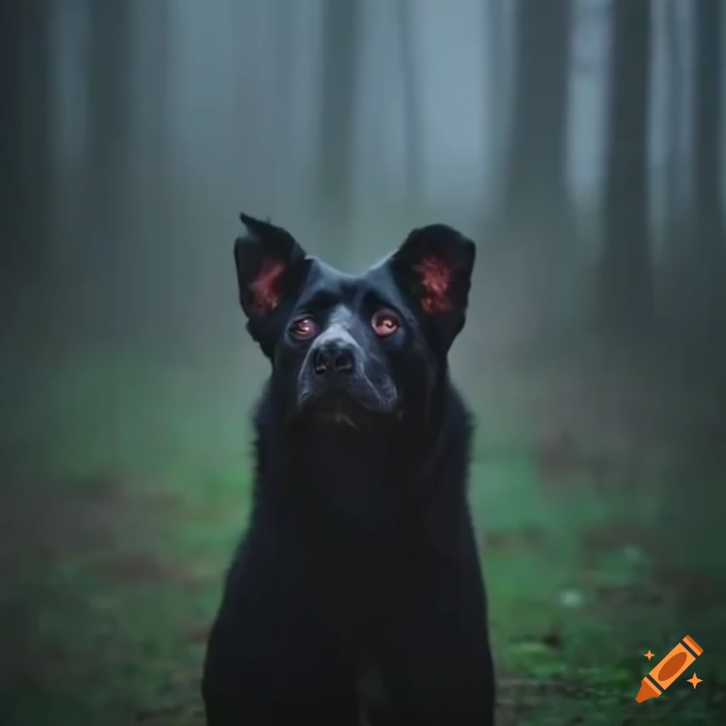 Sinister black dog with glowing red eyes in a dark forest on Craiyon