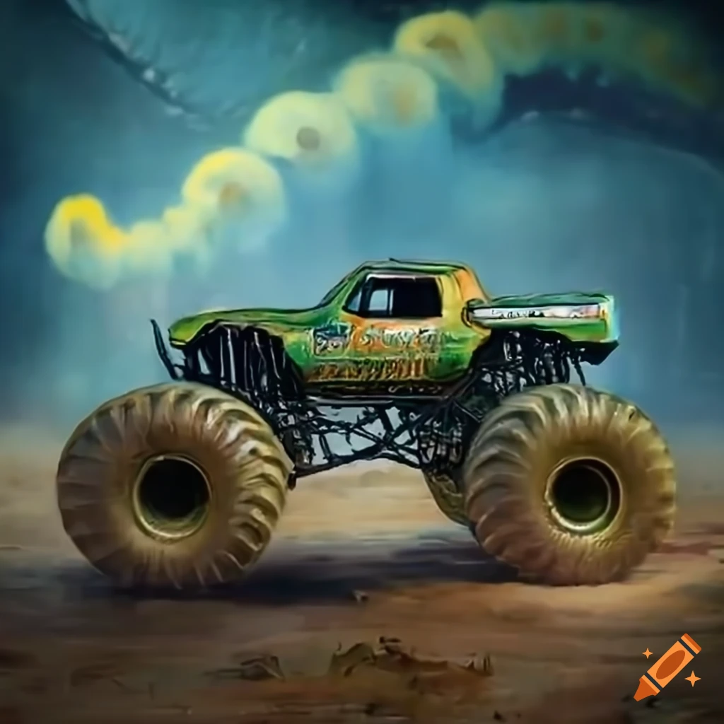 Surreal artwork of a monster truck rally inspired by Van Gogh on Craiyon