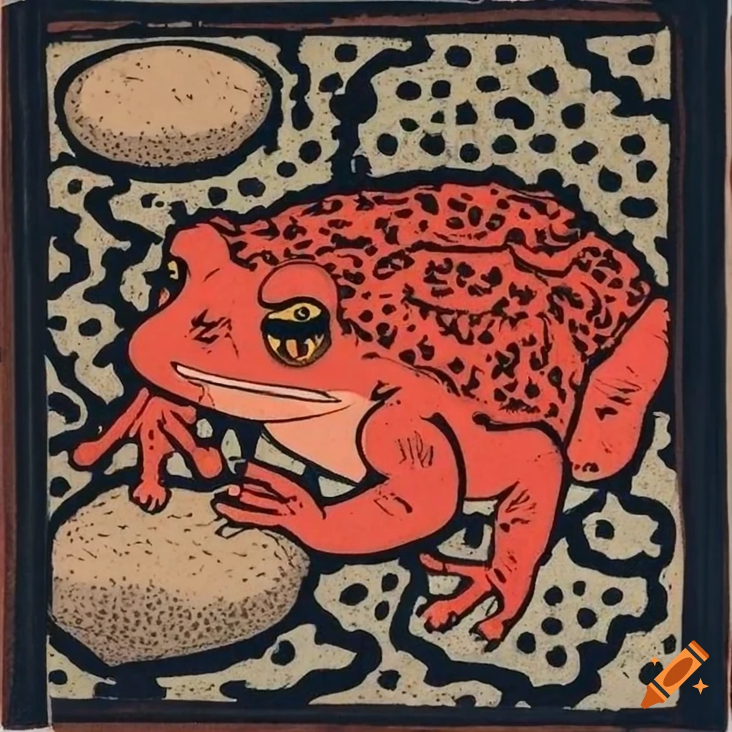 Design of an angry red toad in japanese woodcut print