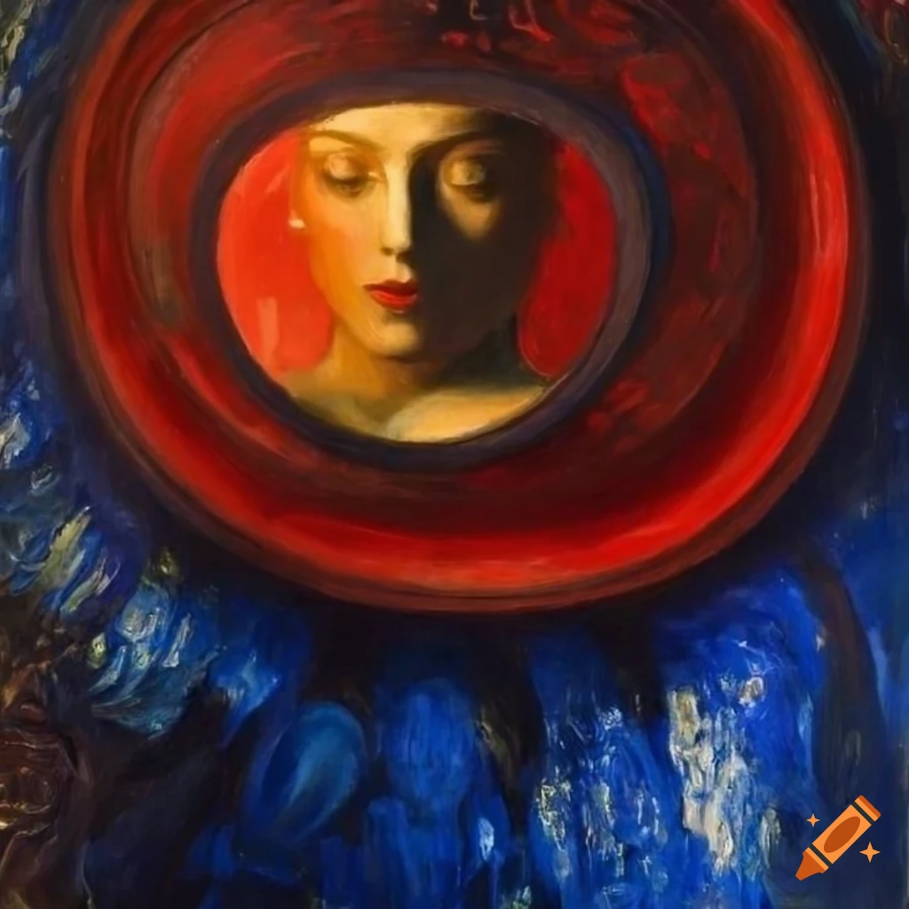 Oil painting of scarlet glass reflection of lapis lazuli