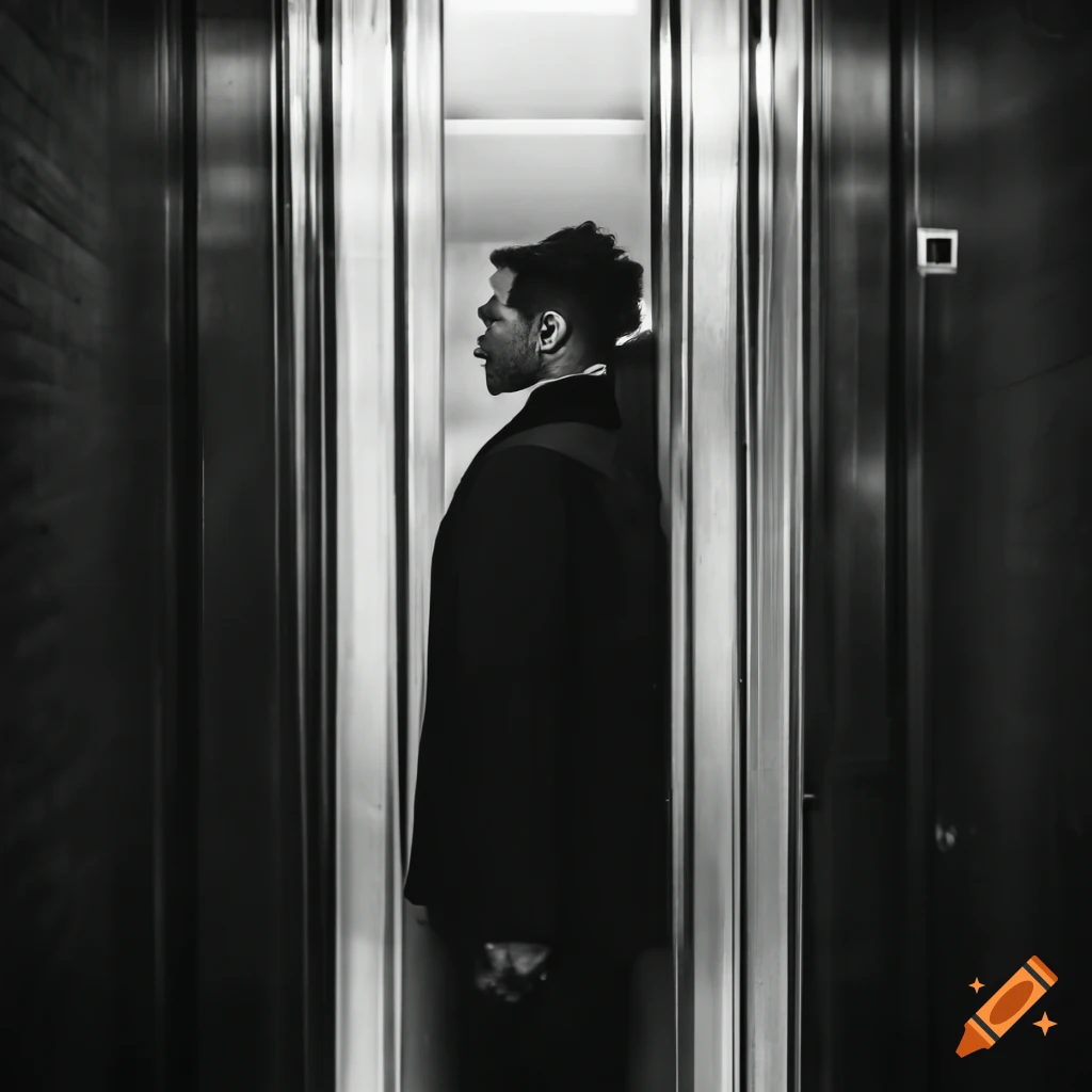 Black and white photo of a man inside an elevator on Craiyon