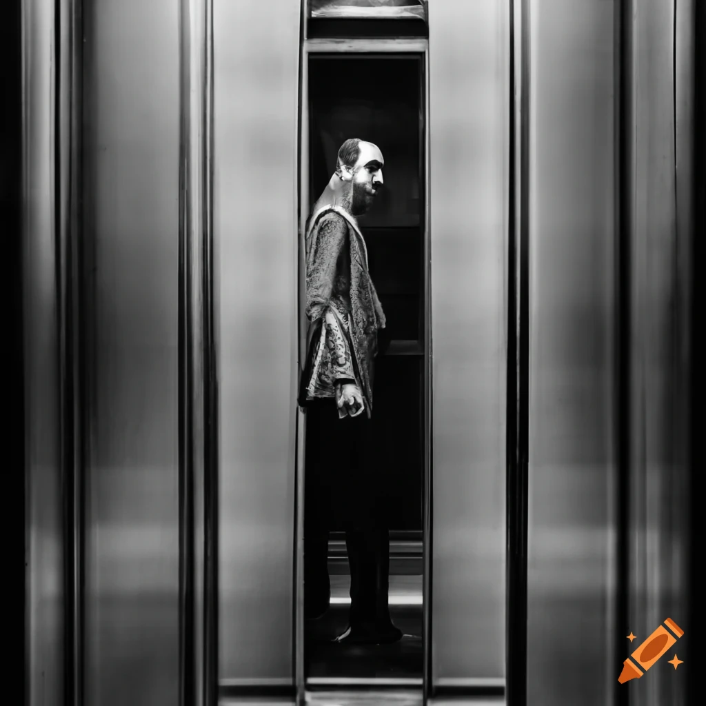 Black and white photo of a man inside an elevator