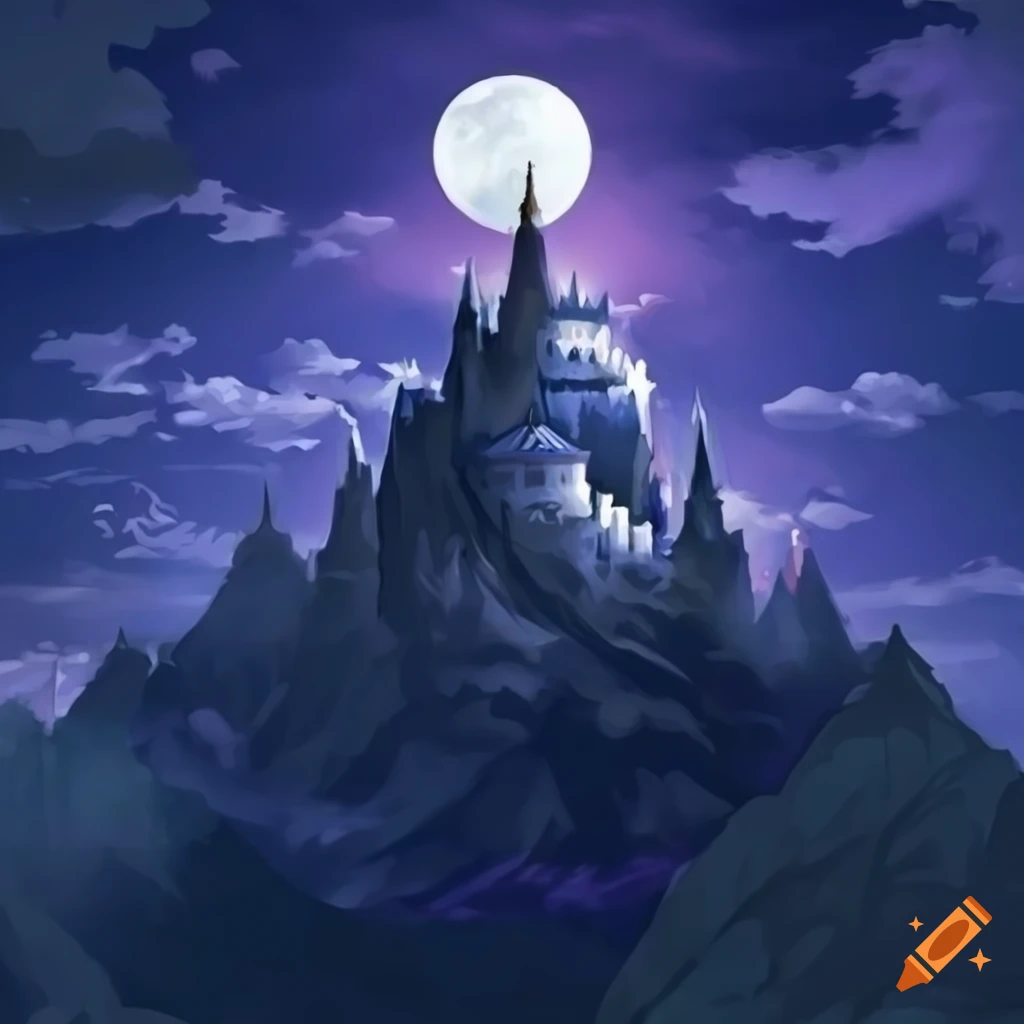Manga-style castle on a moonlit mountain