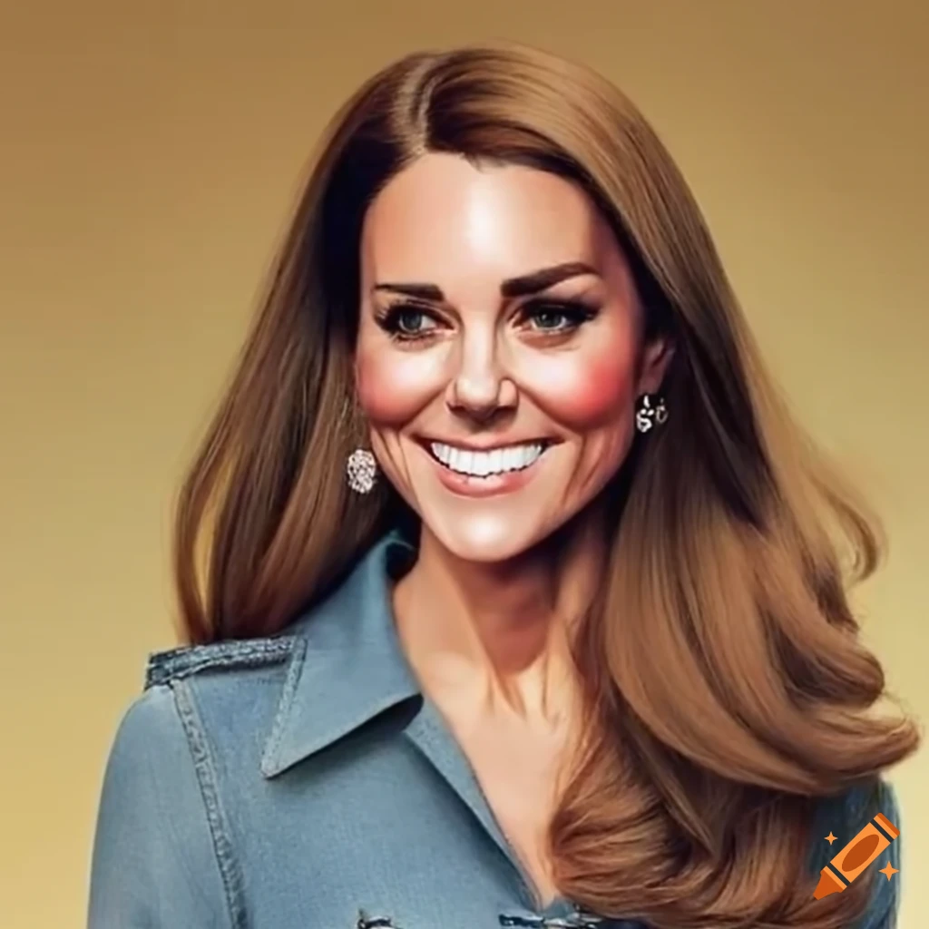 Kate middleton wearing a denim shirt and smiling against a gold background