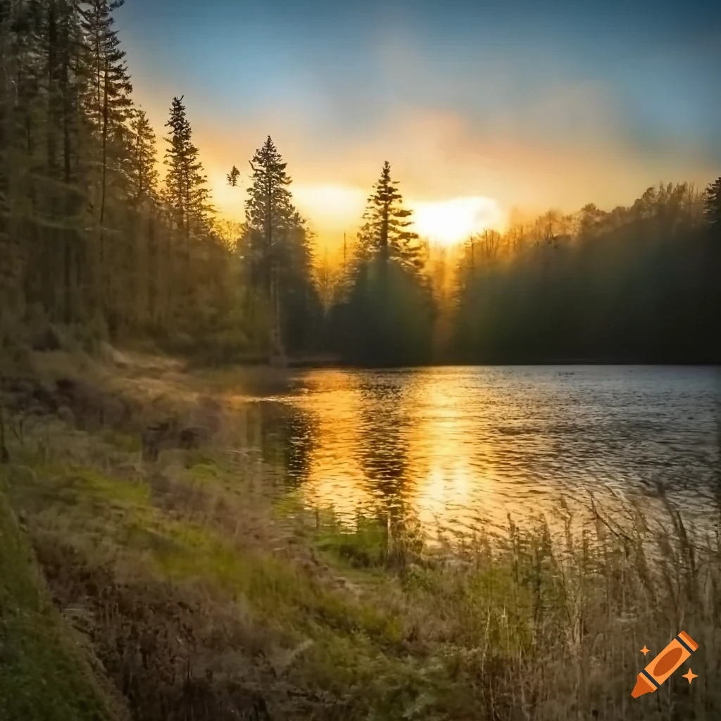 Helle landschaft mit see und wald on Craiyon
