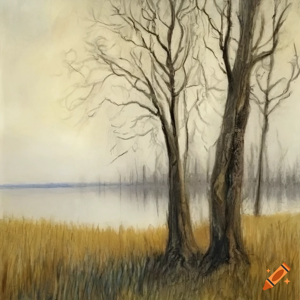 Charcoal drawing of barren poplars by a lake on Craiyon