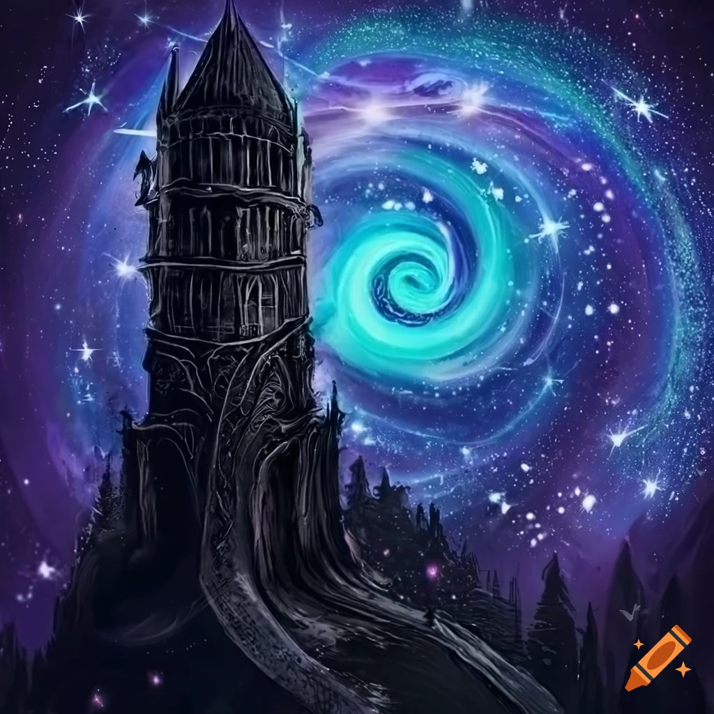 Gigantic dark tower under a swirling starry sky in an american prints ...