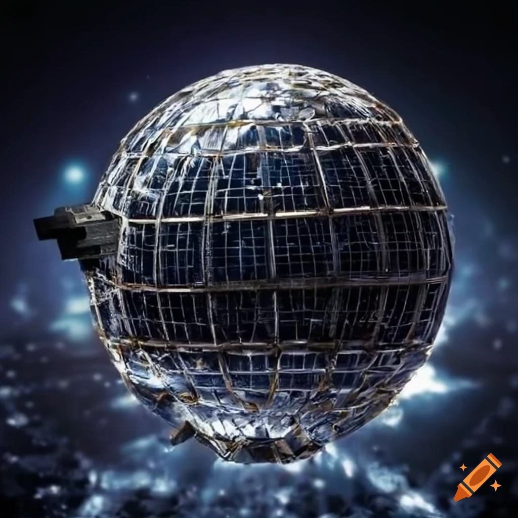 Sci-fi robotic sphere in space with solar panels on Craiyon