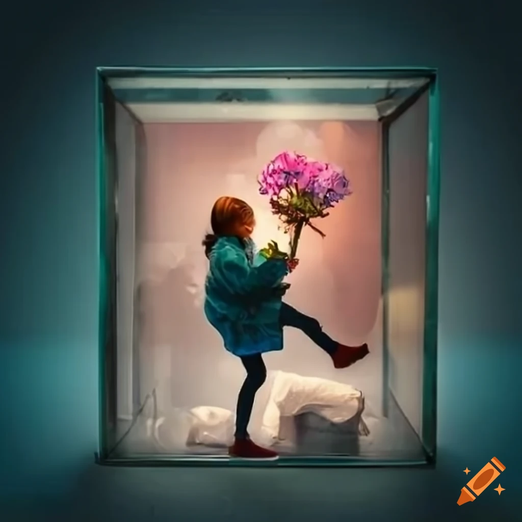 Surreal image of a boy trapped in a glass box