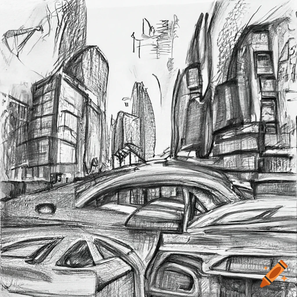Detailed sketch of a busy city