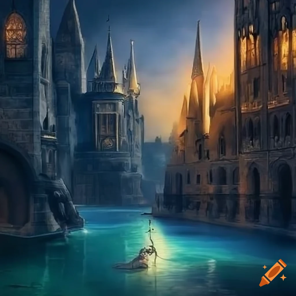 Medieval fantasy cityscape with coastal bay landscape