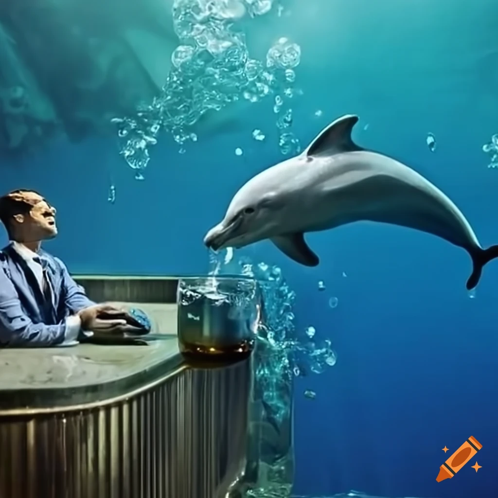 Humorous underwater scene with dolphins drinking beer on Craiyon
