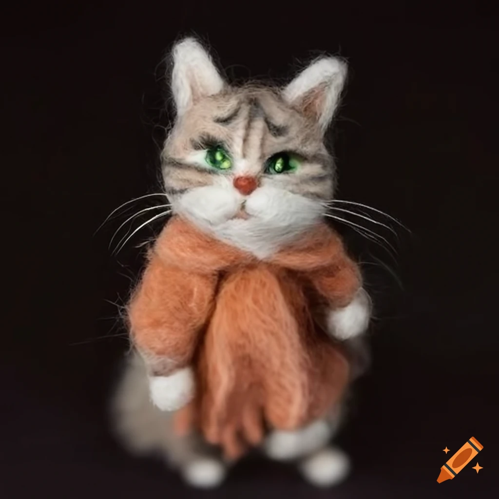 Realistic felted wool cat with a unique outfit on Craiyon