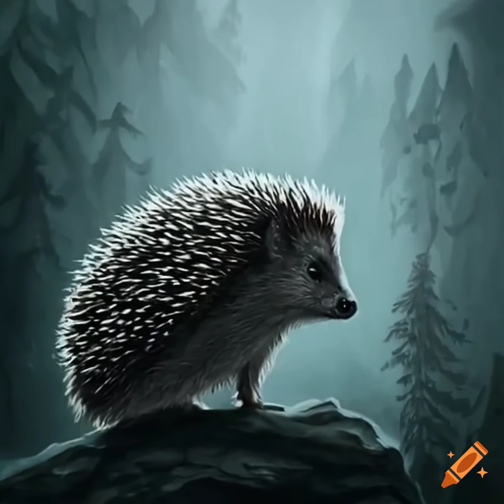 Hedgehog holding a hot dog bun in a detailed acrylic painting on Craiyon
