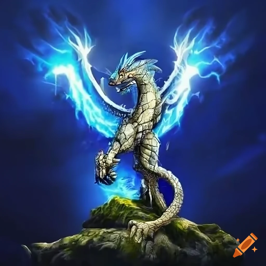 Digital art of a lion dragon surrounded by lightning on Craiyon