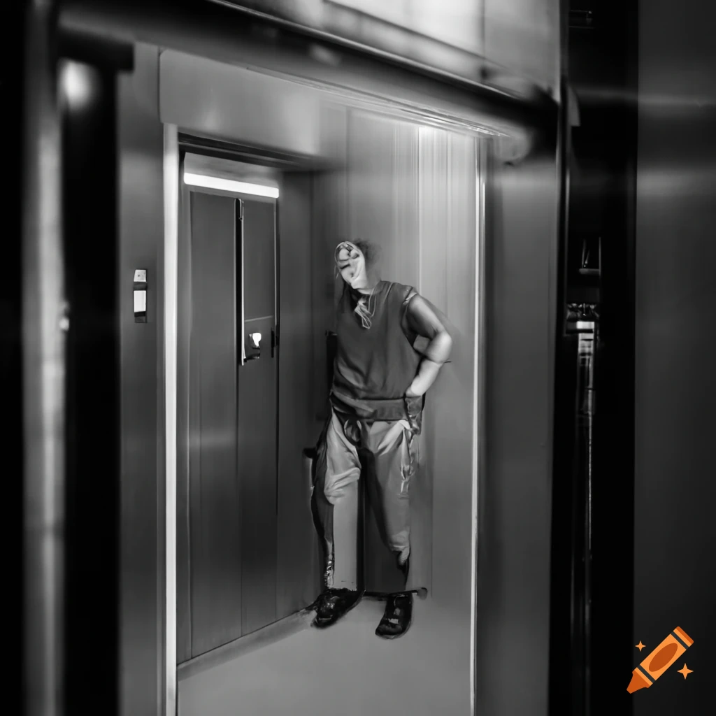 Black and white photo of a man inside an elevator
