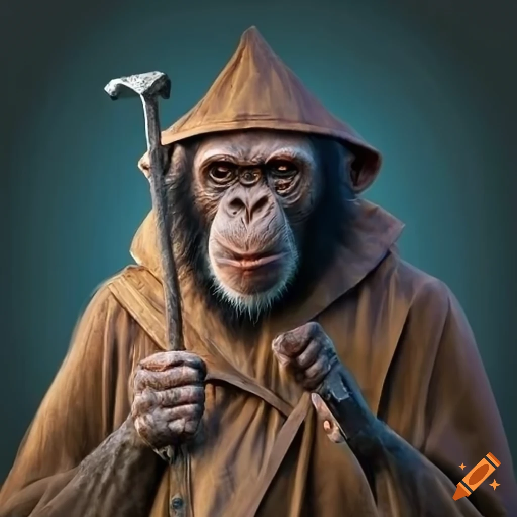 Illustration of a wise chimpanzee wearing a wizard robe on Craiyon
