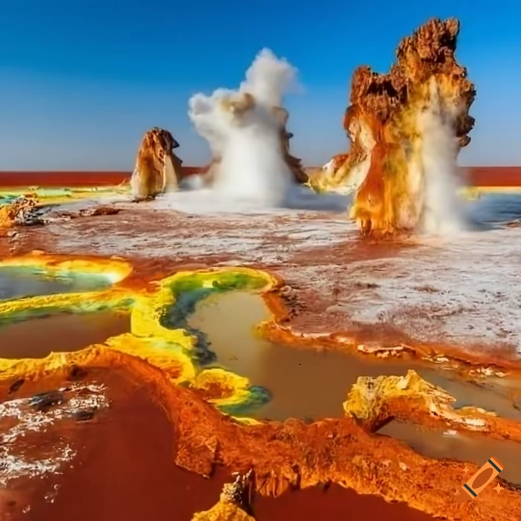 Colorful geysers and salt tufas in dallol, ethiopia on Craiyon