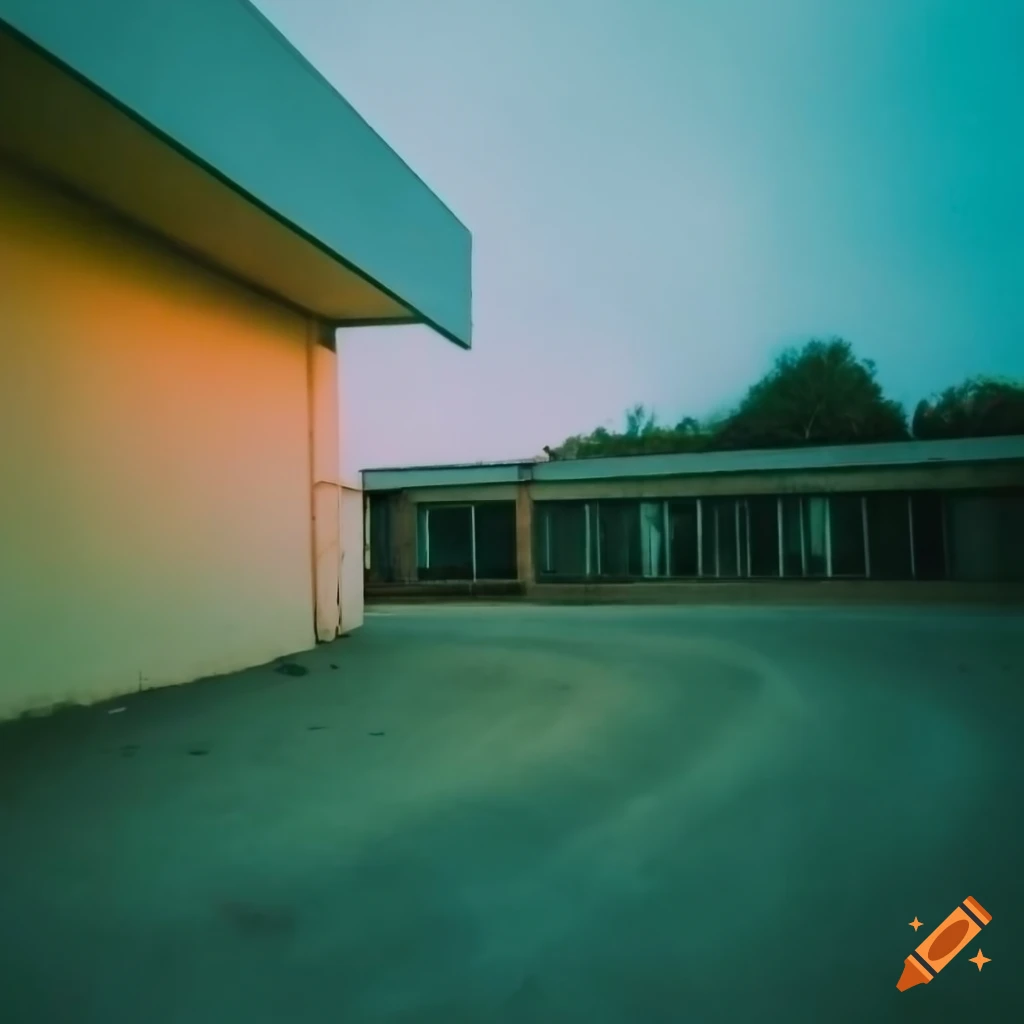 Sunset at a modernist school yard