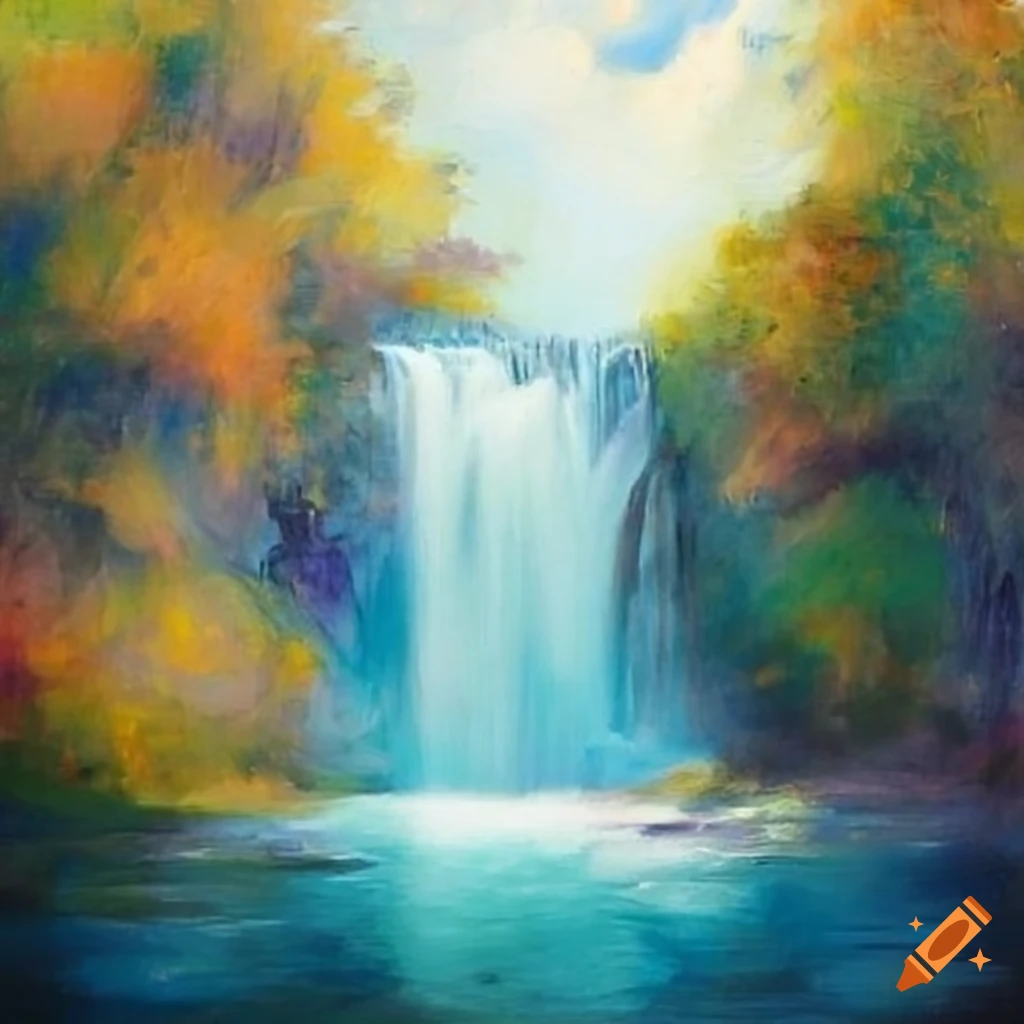 Impressionist painting of a midday waterfall