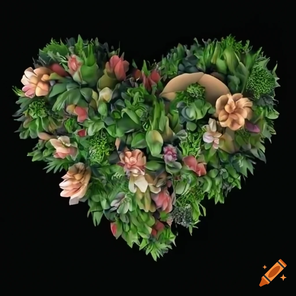 Peaceful heart shape made of flowers and plants