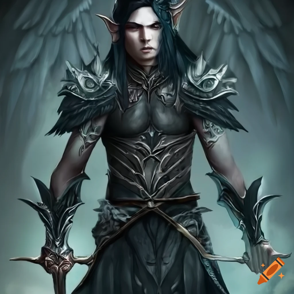Artwork of a menacing male elf with raven wings and dual swords on Craiyon