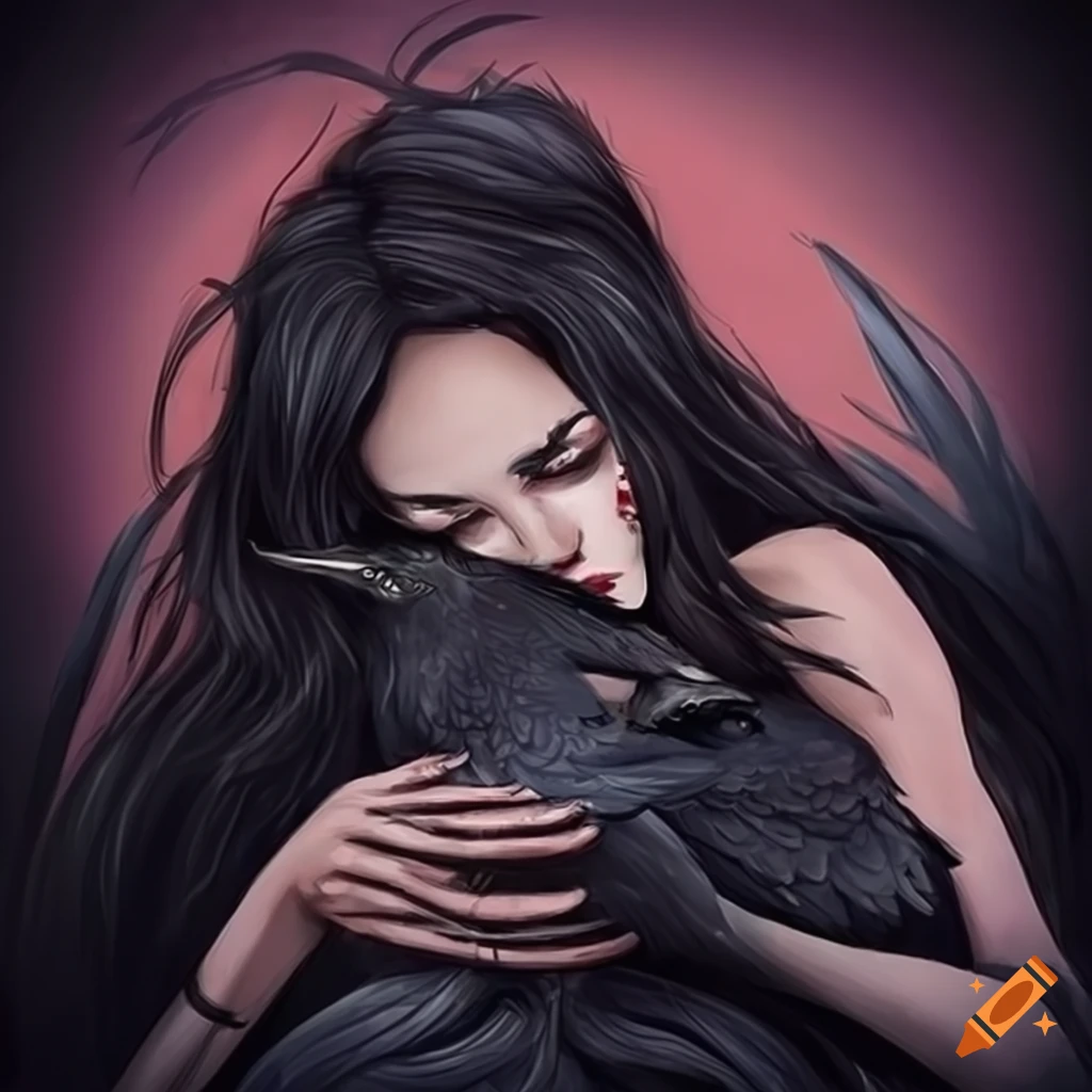 Woman cuddling a crow