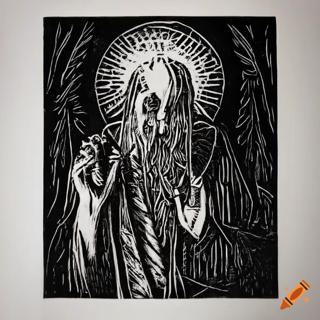 Black and white linocut of biblical scene