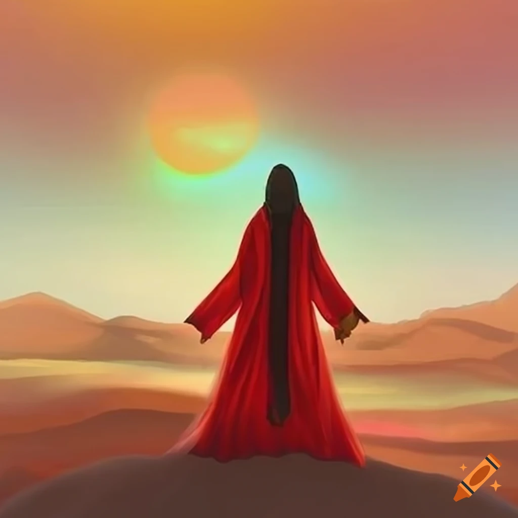 Person in red robes overlooking the ocean at sunset on Craiyon