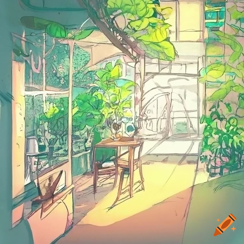 Sketch of a cozy cafe with plants and a greenhouse on Craiyon