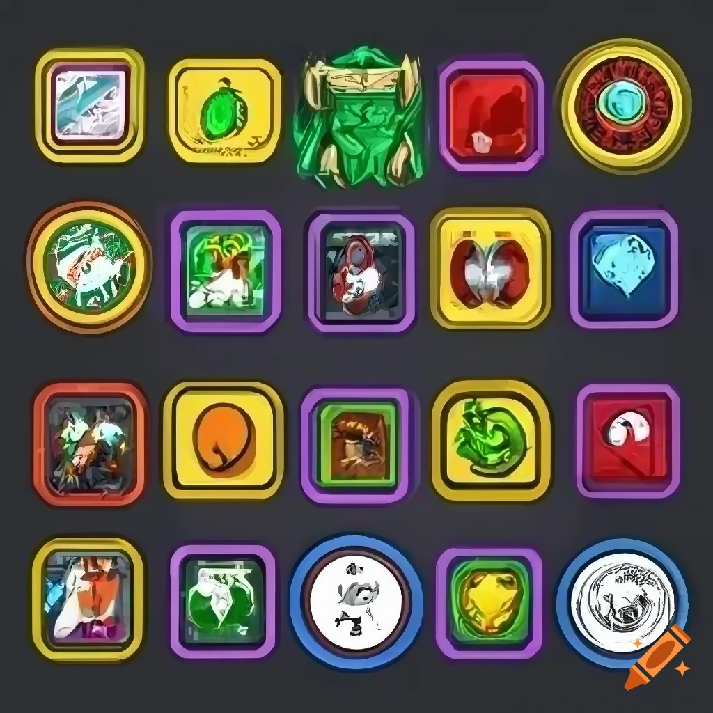 Spritesheet of sleek rpg item icons on Craiyon