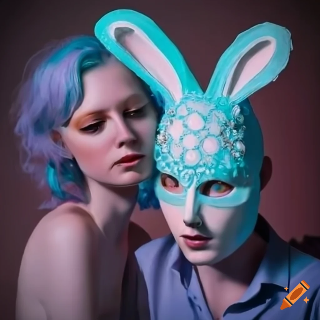 Digital artwork of a man in a rabbit opera mask and a silver-haired ...