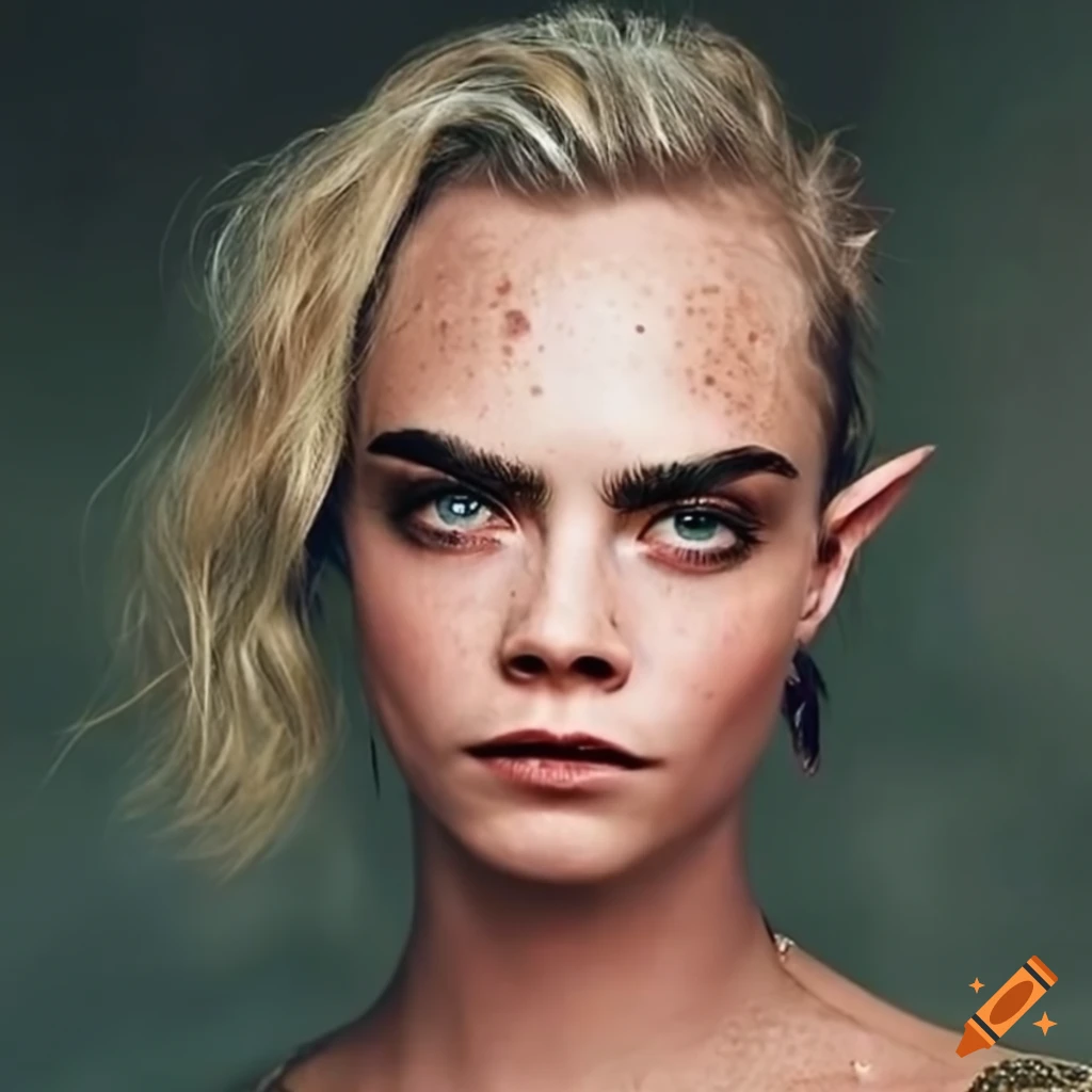 Freckled fantasy elf portrayed by cara delevingne on Craiyon